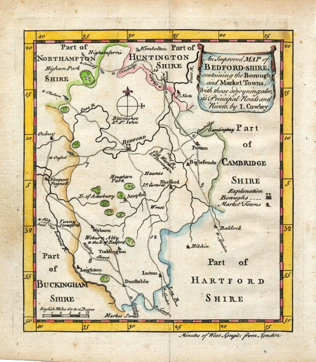 1744 Antique Map of Bedfordshire - Rare Bedfordshire County Map - Hand ...