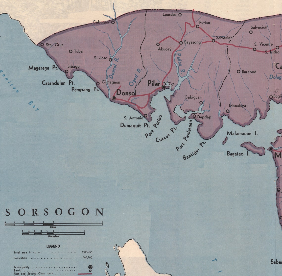 Sorsogon, Philippines - RARE Large Vintage 1959 Map - Bulusan - Matnog ...