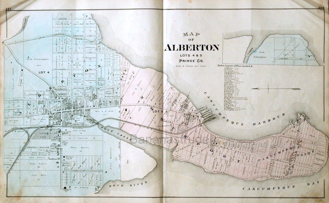 1880 Large Rare Handcoloured Vintage Map of Alberton, Lots 4 and 5, PEI ...