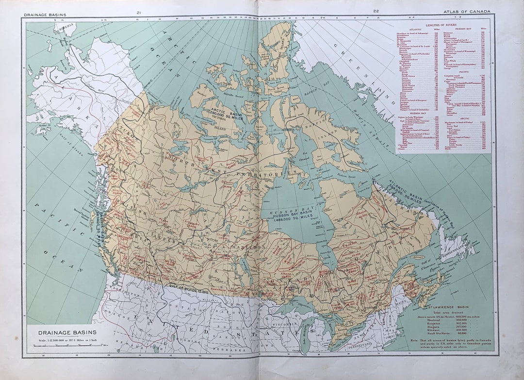 1915 Large Antique Map of Canada, Showing Drainage Basins (watersheds ...