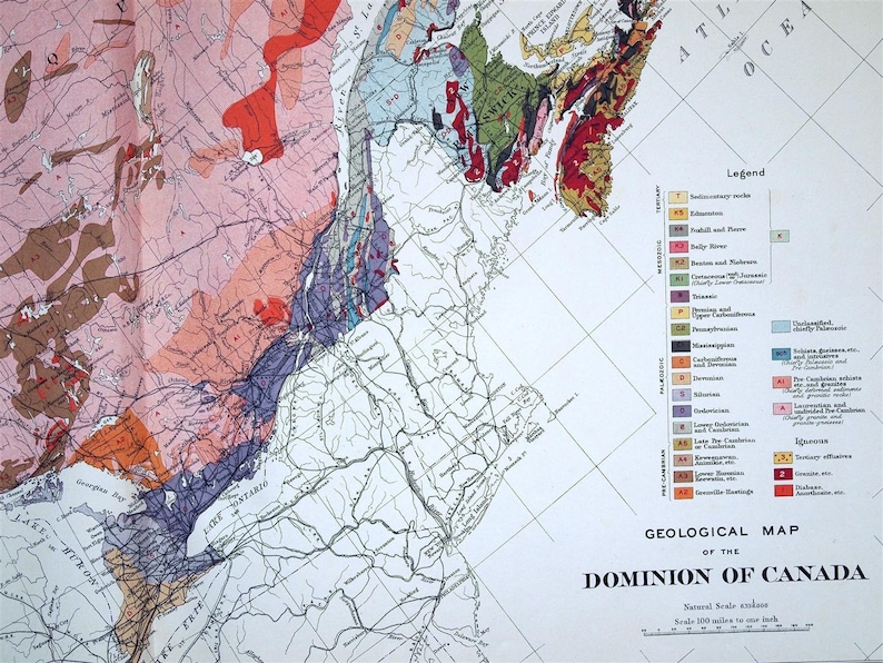 Large Antique Geological Map of Canada - 1915 Map - Geology, East Sheet ...