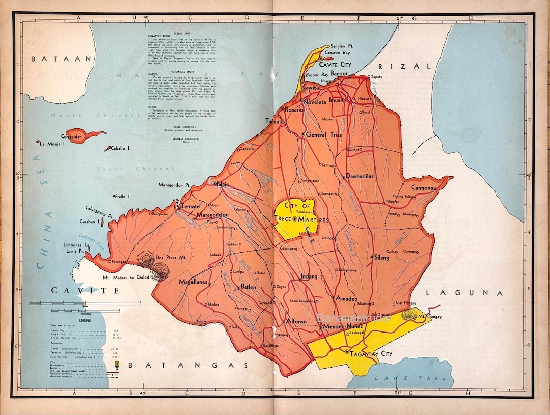 1959 Large Rare Vintage Map of Cavite, the Philippines - Bacoor - Trece ...