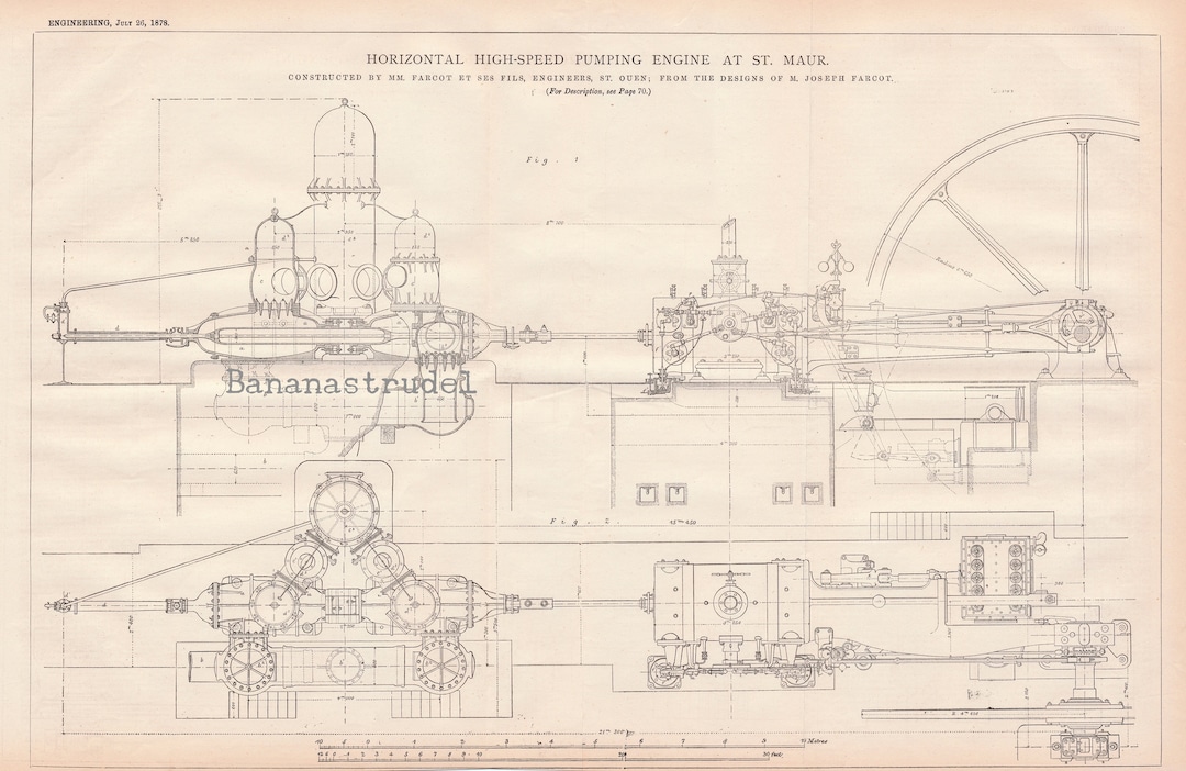Large Antique Print of a Horizontal High-speed Pumping Engine at St ...