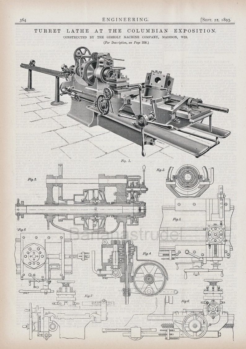 1893 Antique Print of a Turret Lathe Victorian Technical - Etsy