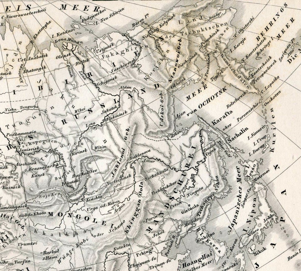 1860 German Vintage Map Asia Black and White - Etsy