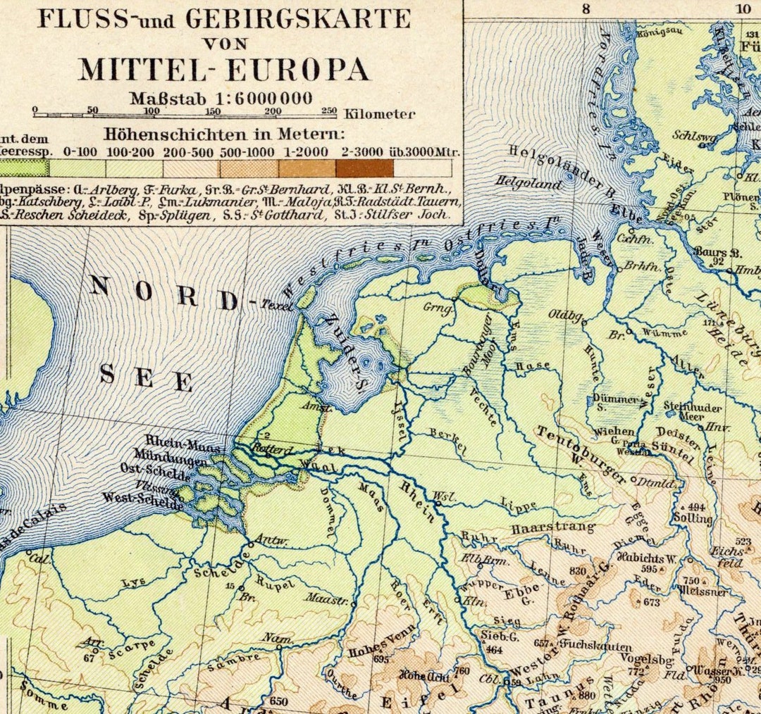 1895 German Vintage Map of Central Europe -- Mountains and Rivers ...