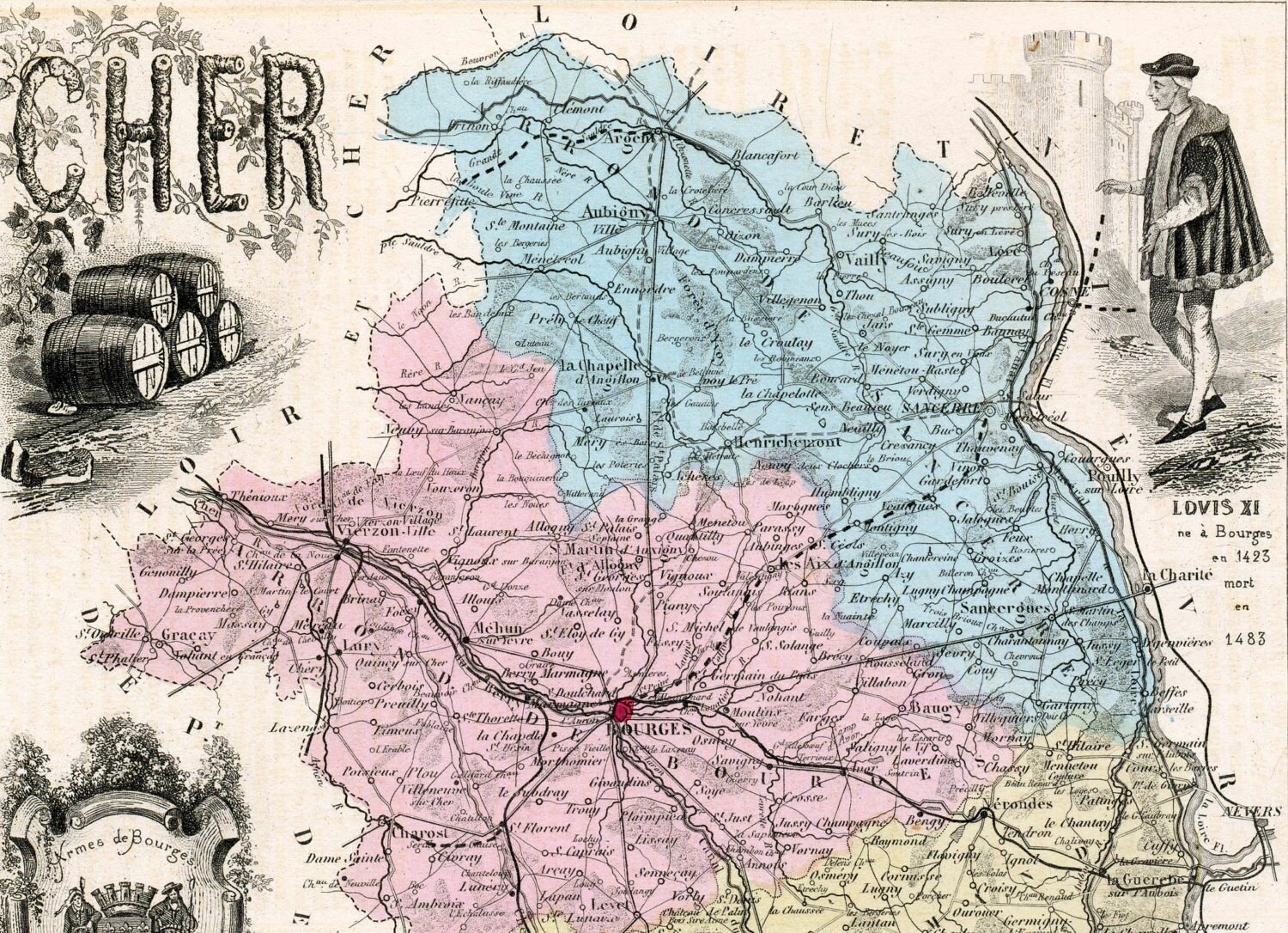 1883 Antique Map of Cher France Vintage Illustrated Map - Etsy