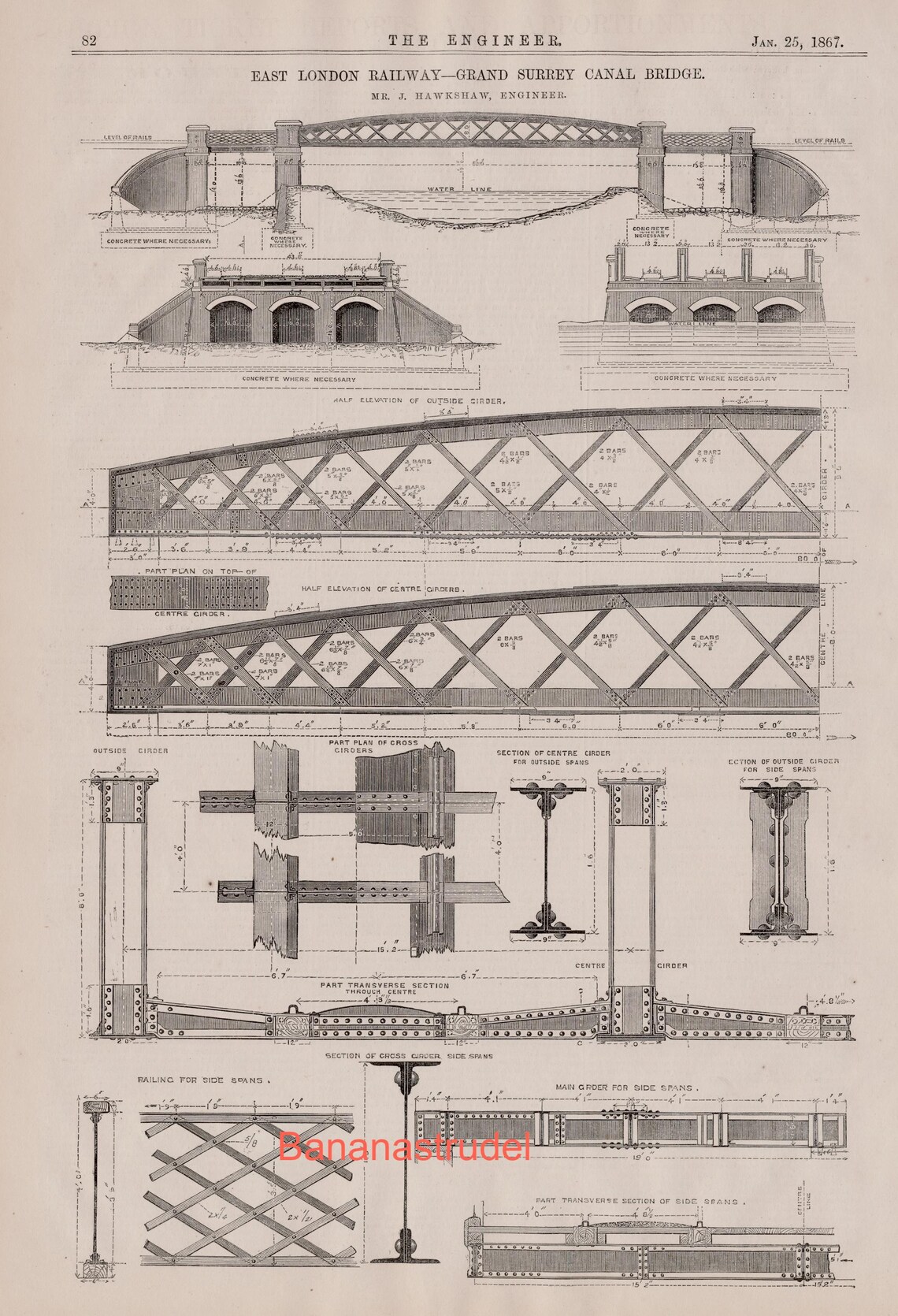 East London Railway-grand Surrey Canal Bridge - Vintage Victorian Print ...