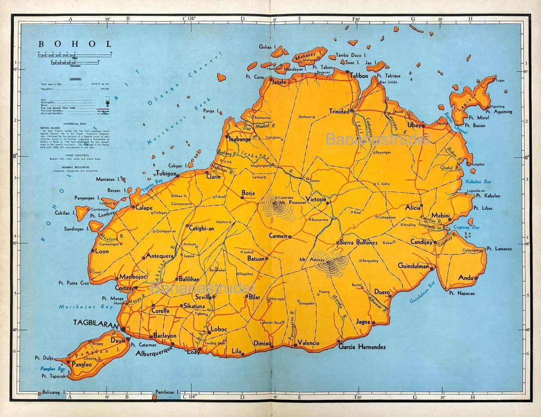 Bohol, Philippines - RARE Large Vintage 1959 Map - Tagbilaran - Ubay ...