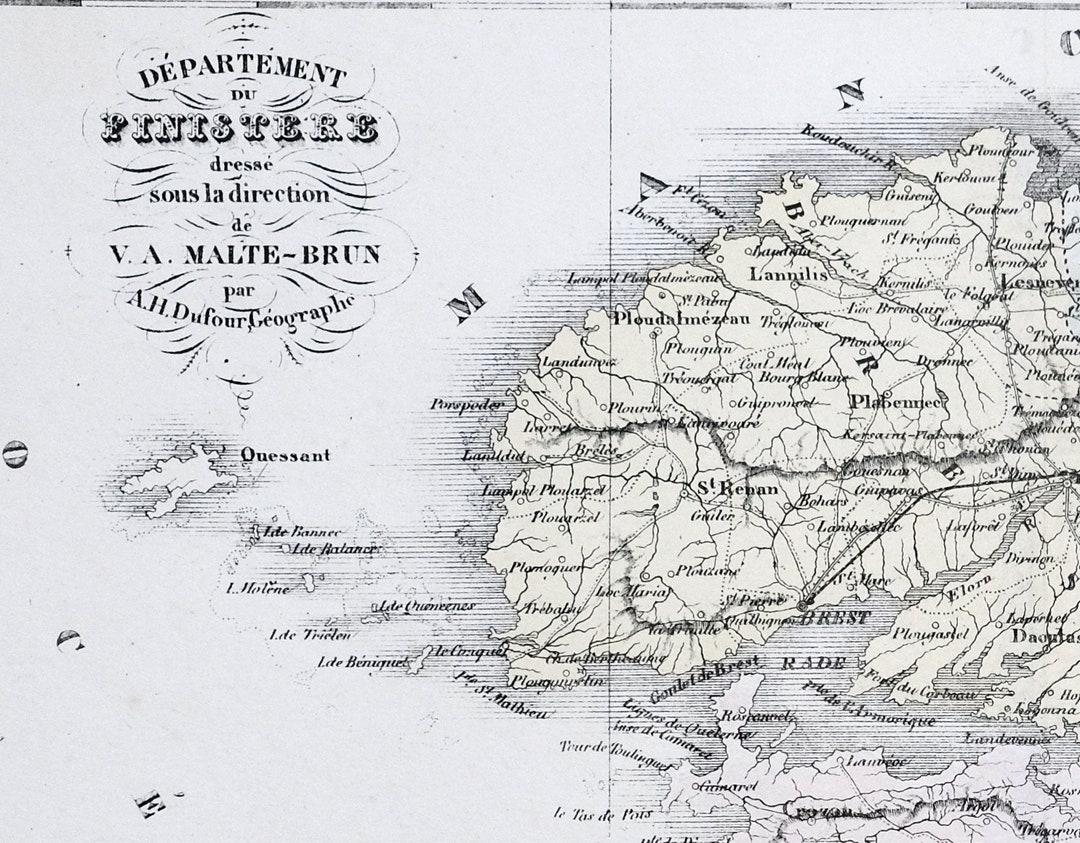 1800s French Finistere Map, Quimper Inset, Handcolored Antique - Etsy