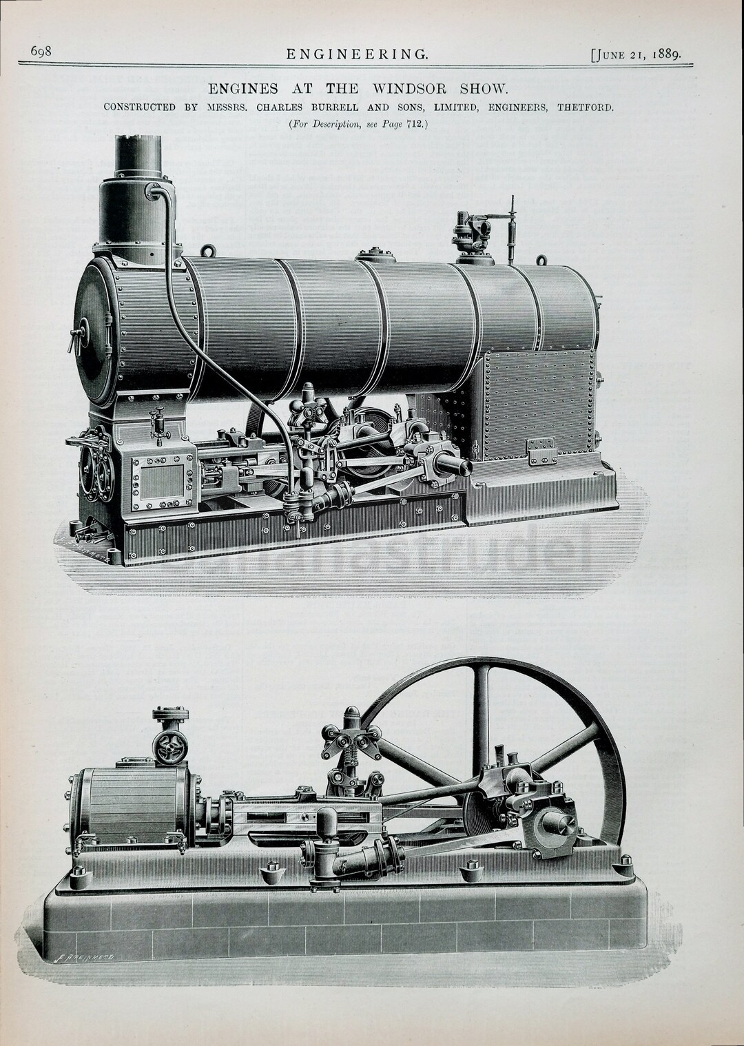 1889 Antique Engineering Drawing of Engines at the Windsor Show ...