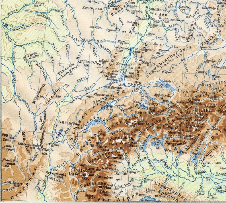 1895 German Vintage Map of Central Europe -- Mountains and Rivers ...