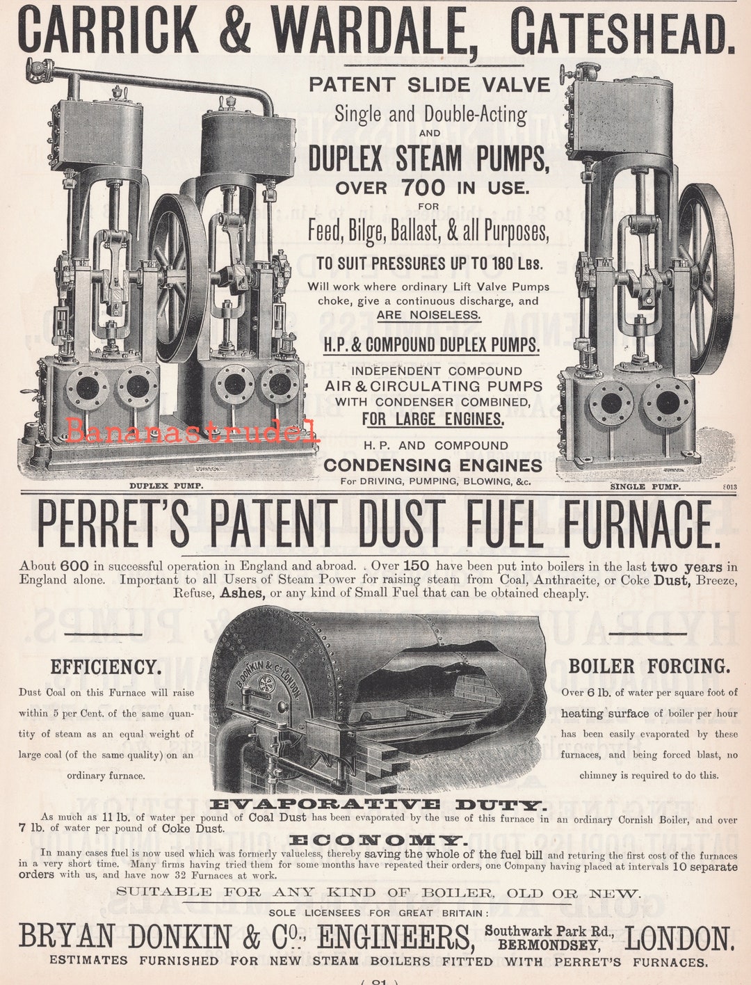 Page of Antique Advertisements for Duplex Steam Pumps, Dust Fuel ...