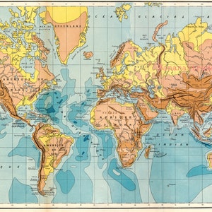 Antique Map of the World - Large 1923 Physical Map - Climate ...