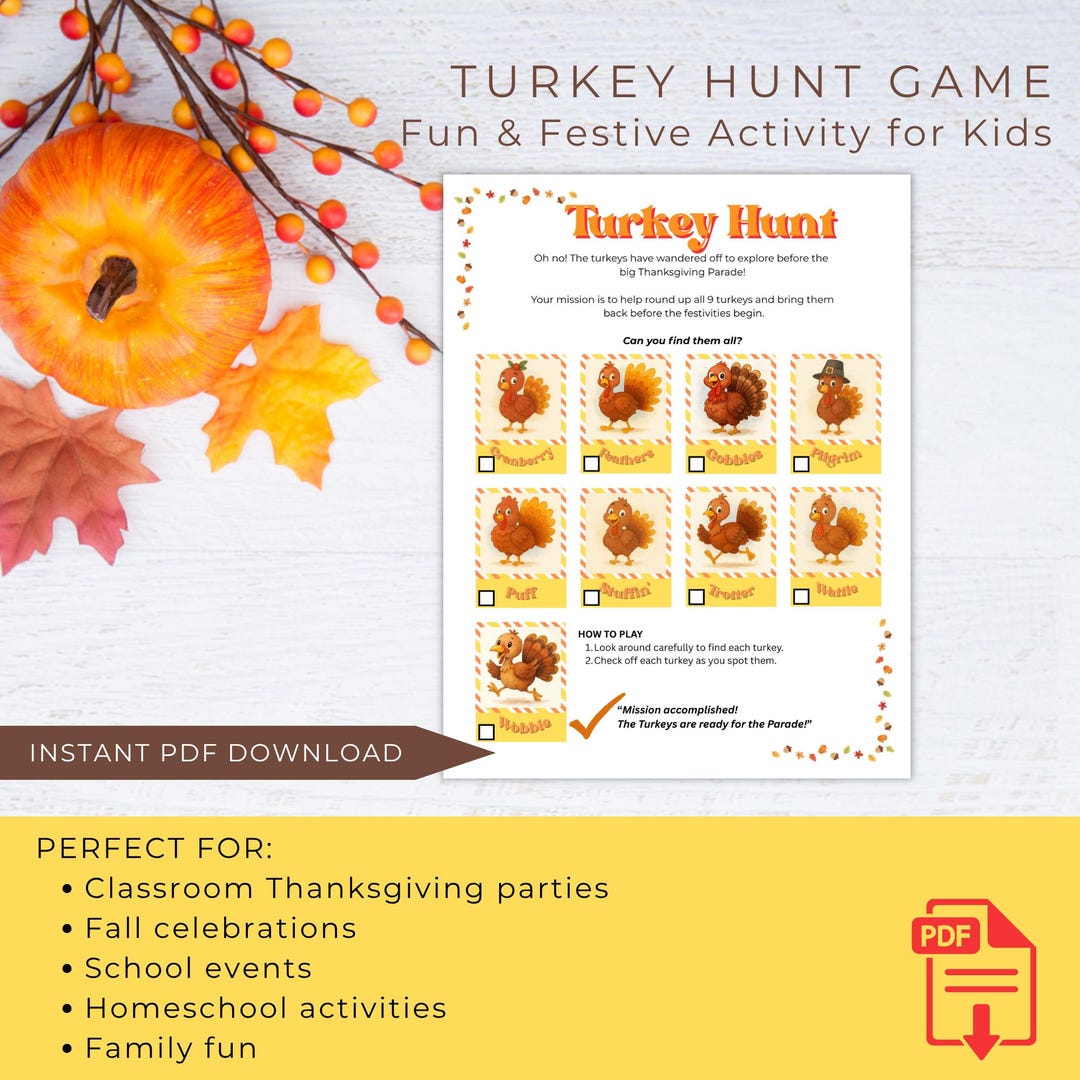 Turkey Hunt - Thanksgiving Classroom Game for Kids | Printable PDF - Etsy