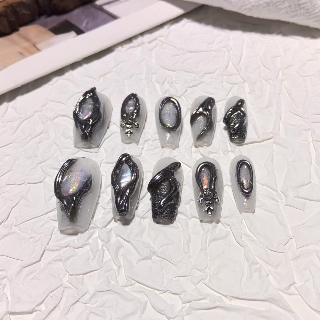 Glitter Silver Metal Nails/metallic Silver Nails/goth Punk Cool Nail ...
