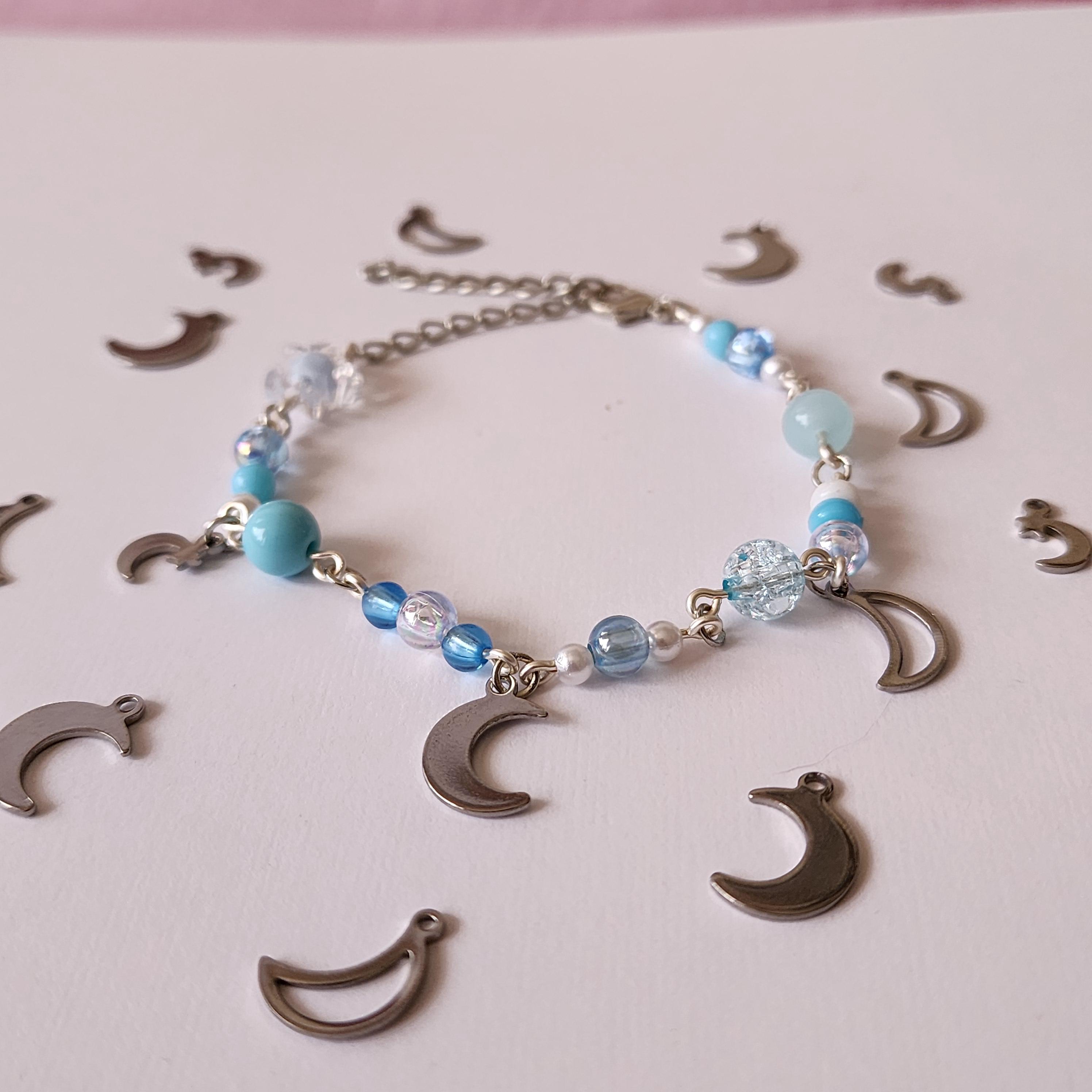 Blue and White Moon Coquette Braceletsilver Colored Chain Link Beaded ...