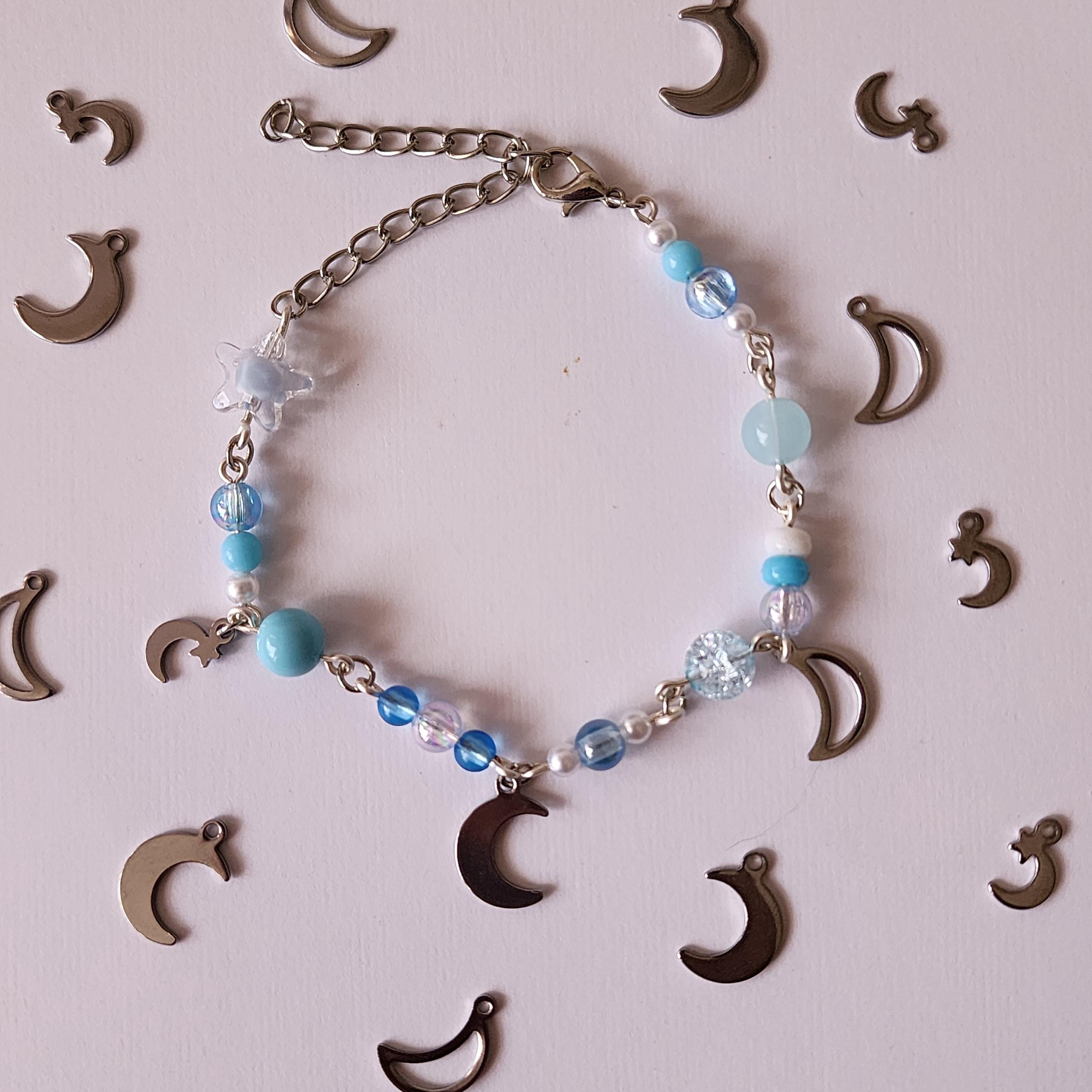 Blue and White Moon Coquette Braceletsilver Colored Chain Link Beaded ...
