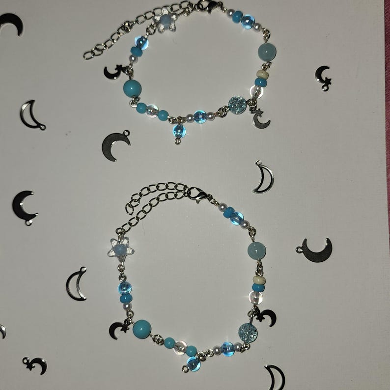 Blue and White Moon Coquette Braceletsilver Colored Chain Link Beaded ...