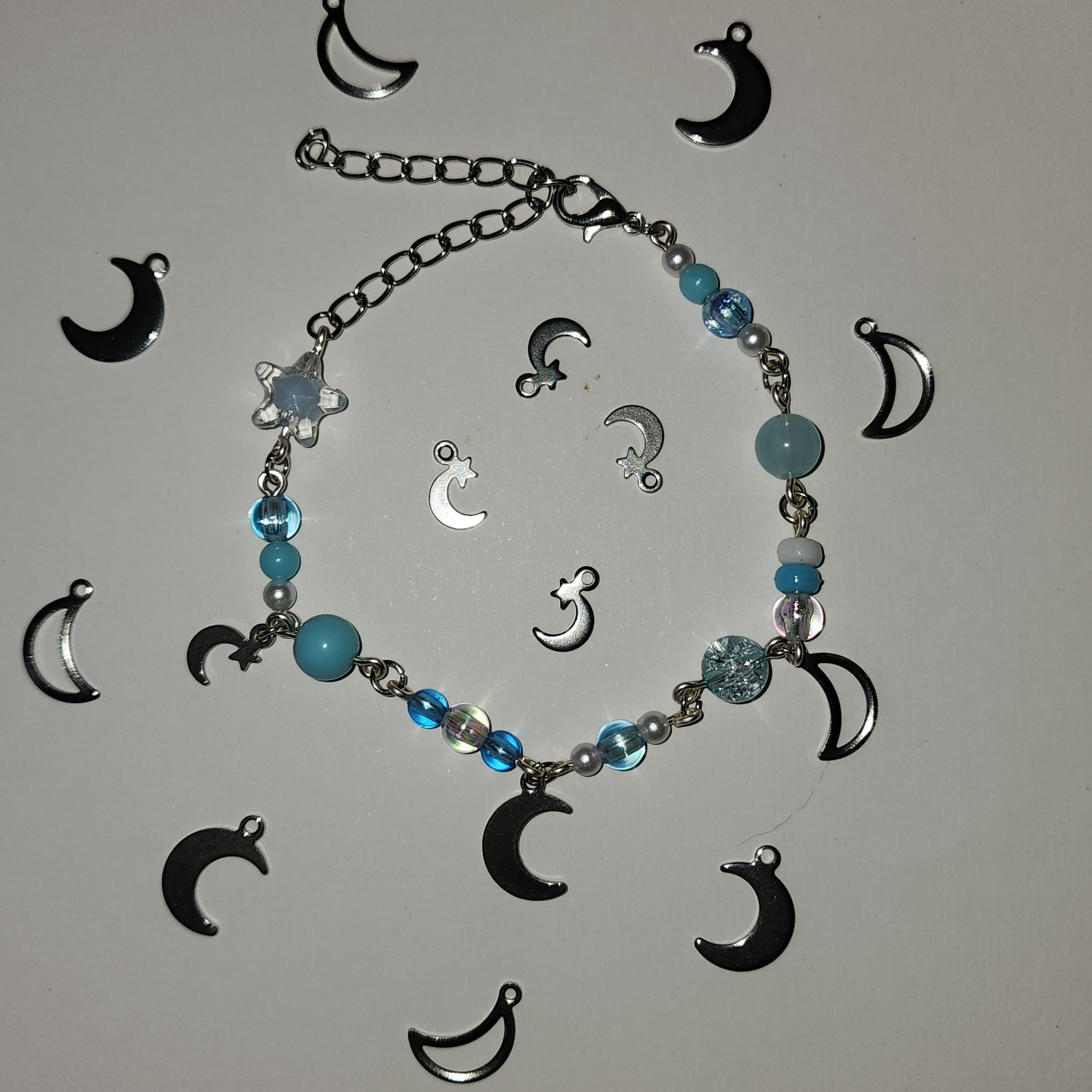 Blue and White Moon Coquette Braceletsilver Colored Chain Link Beaded ...