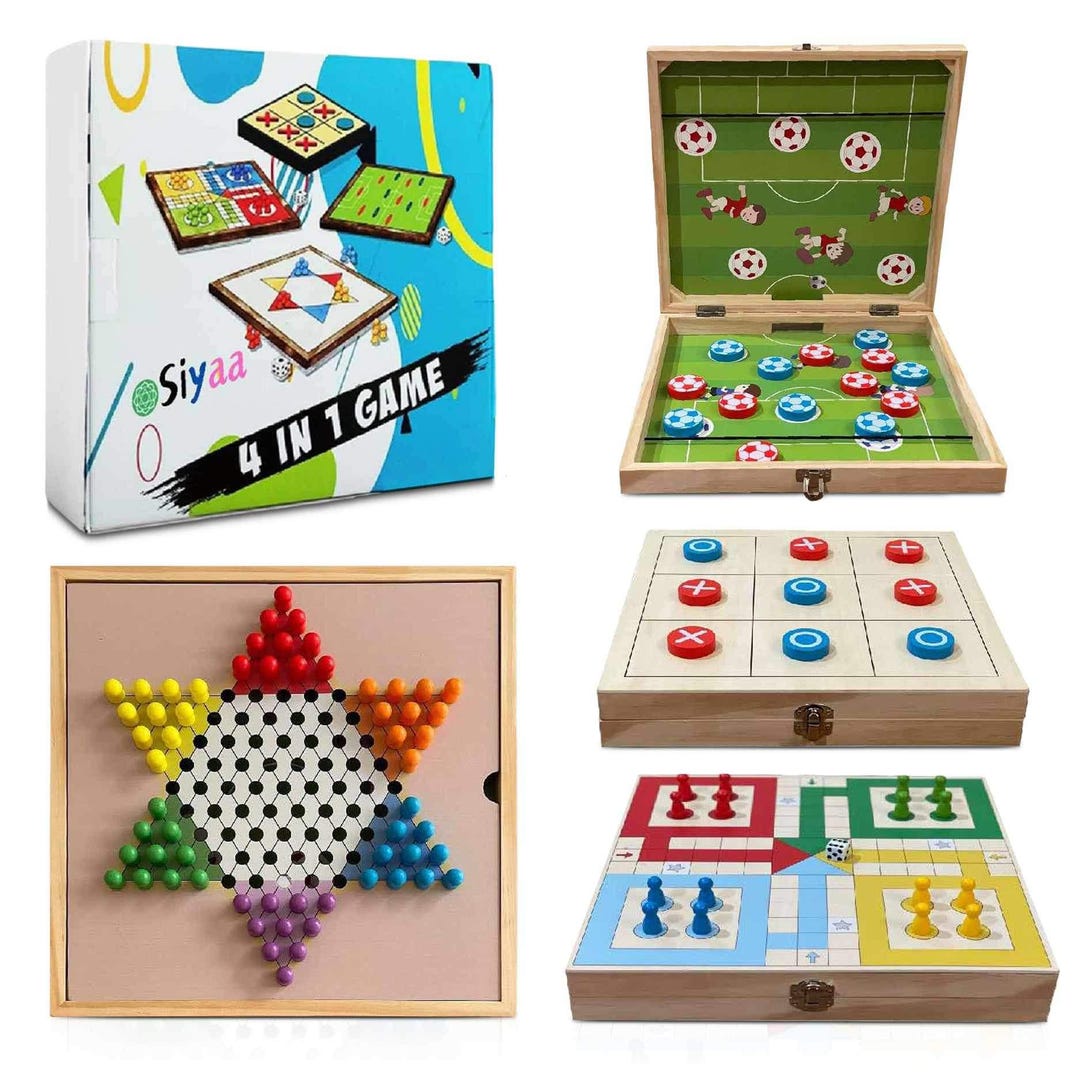 4-in-1 Wooden Board Games Box – Chinese Checkers, Ludo, Tic Tac Toe ...