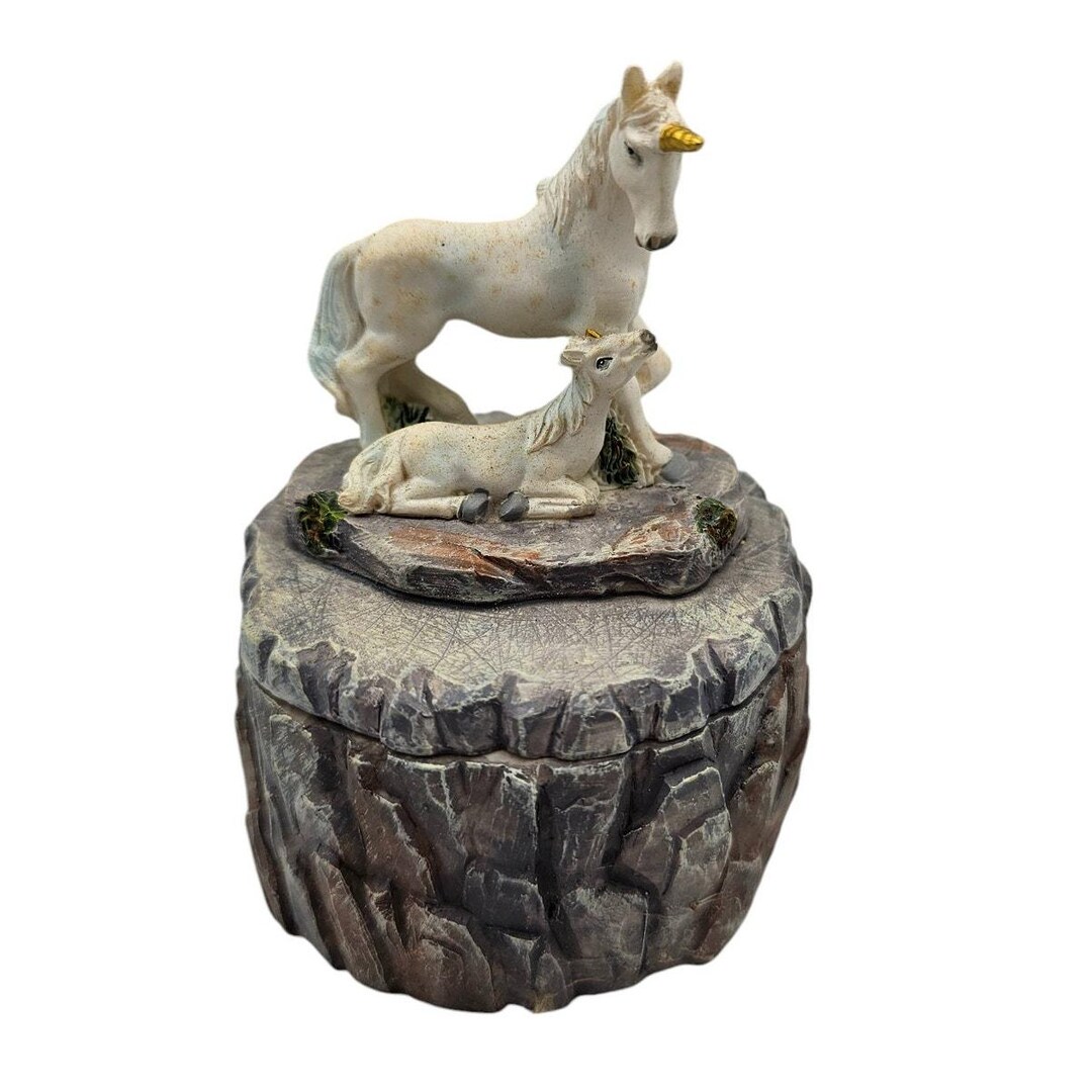 Vintage 1990s Resin Unicorn Mom and Baby Trinket Box on Rocks Jewelry ...