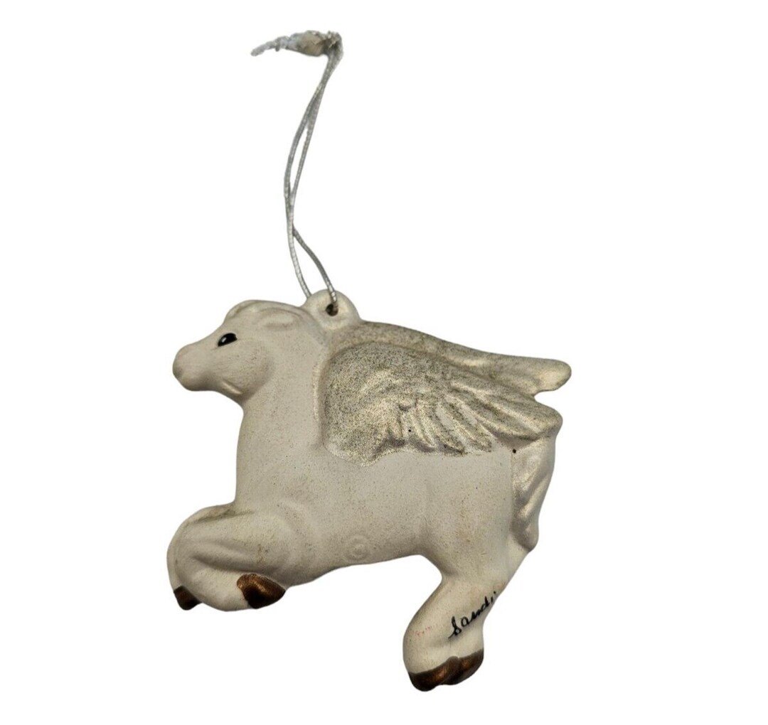 Vintage 1980s Hand Painted Unicorn Christmas Ornament Ceramic Ivory and ...