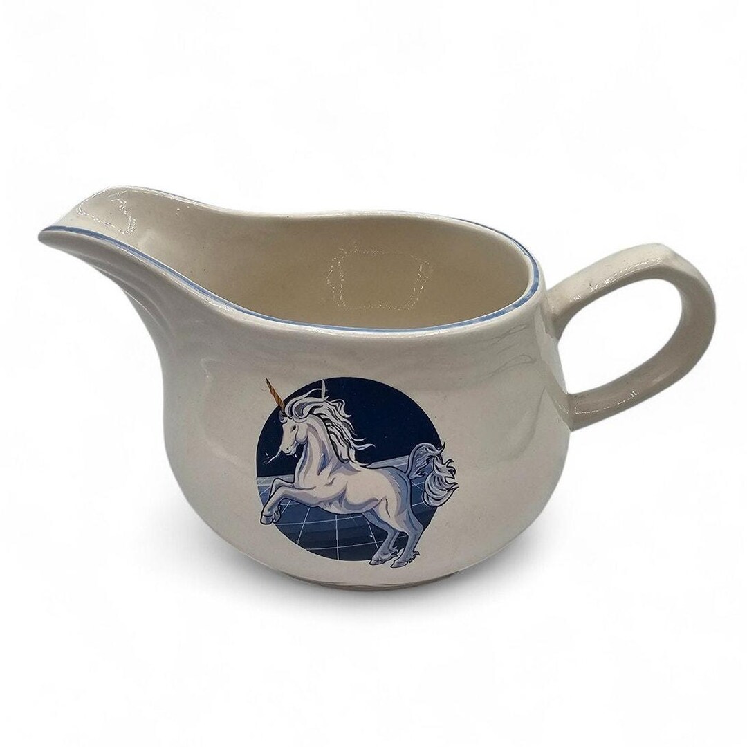 Vintage 1980s Tienshan Stoneware Unicorn Gravy Boat Pitcher Blue Beige ...