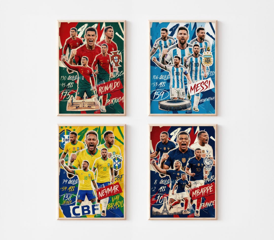 Messi Ronaldo Neymar Mbappe Poster Set, Football Wall Art | A2 Digital ...