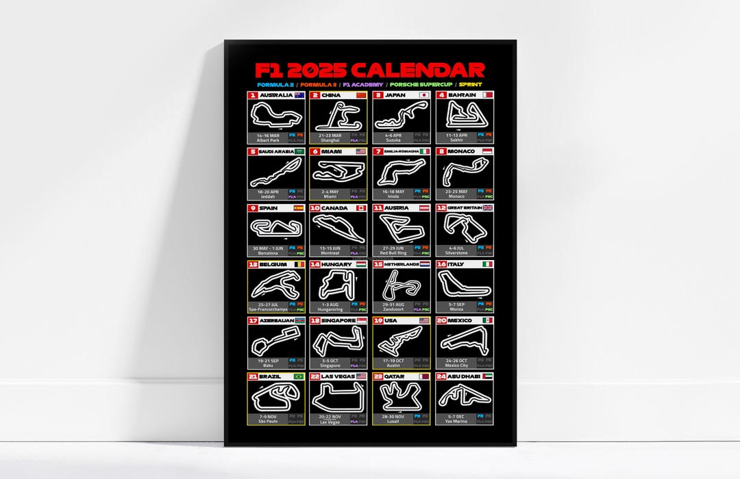 F1 2025 Calendar Poster - Formula 1 Race Schedule - Digital Download ...