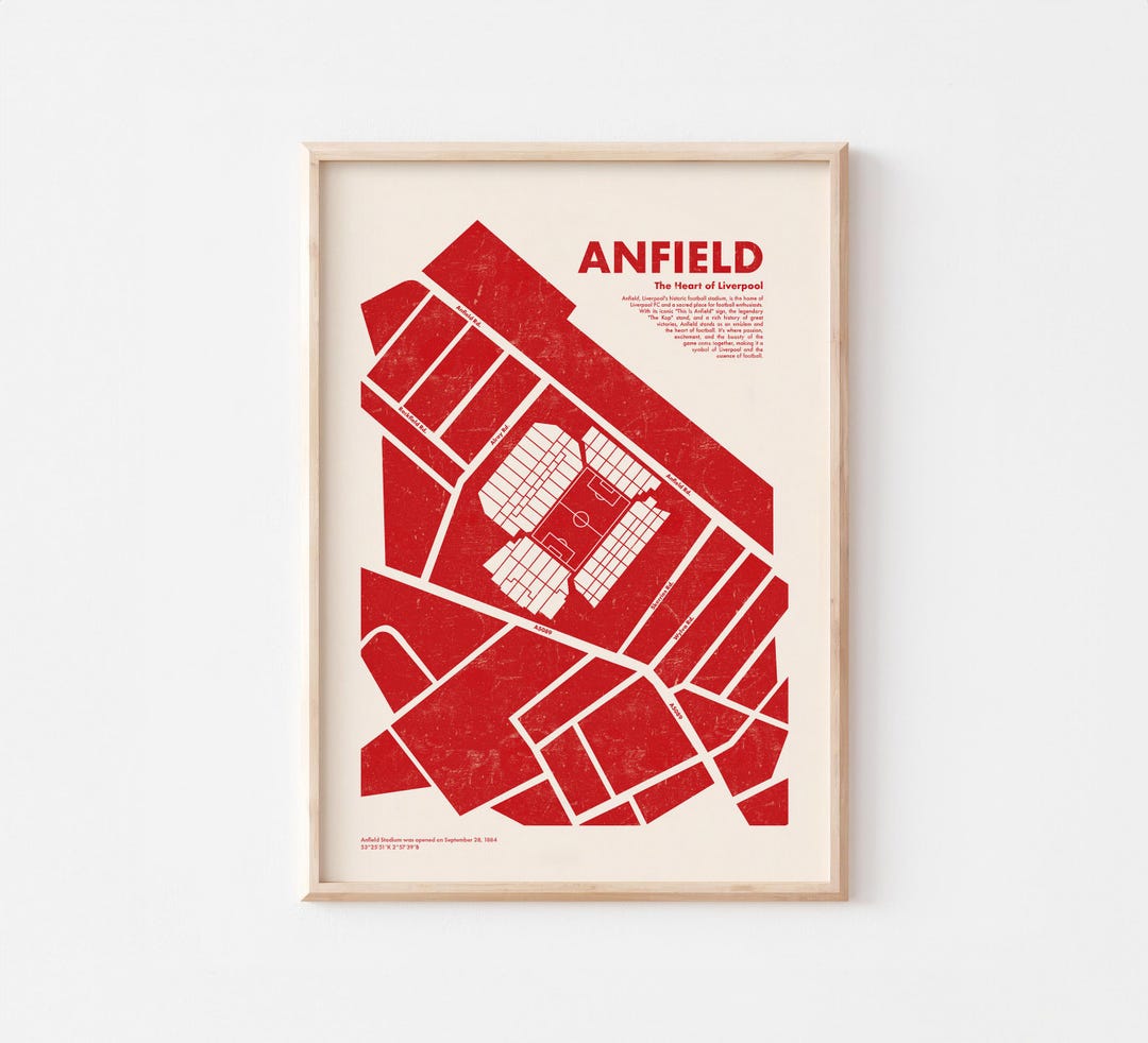 Anfield Stadium Map Poster | Liverpool FC Wall Art | Anfield Road Print ...