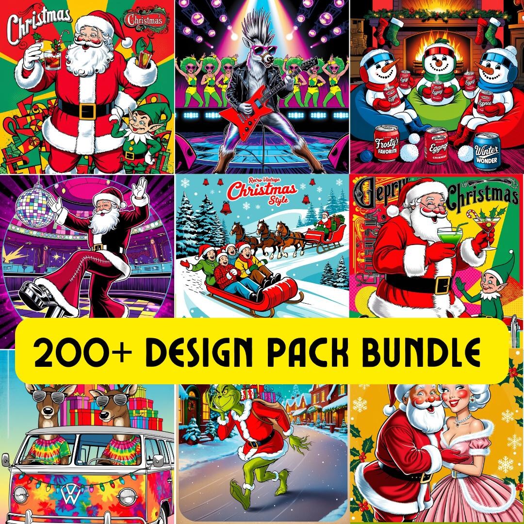 200+ Bundle of PNG Designs Retro Vintage Christmas Featuring Santa ...