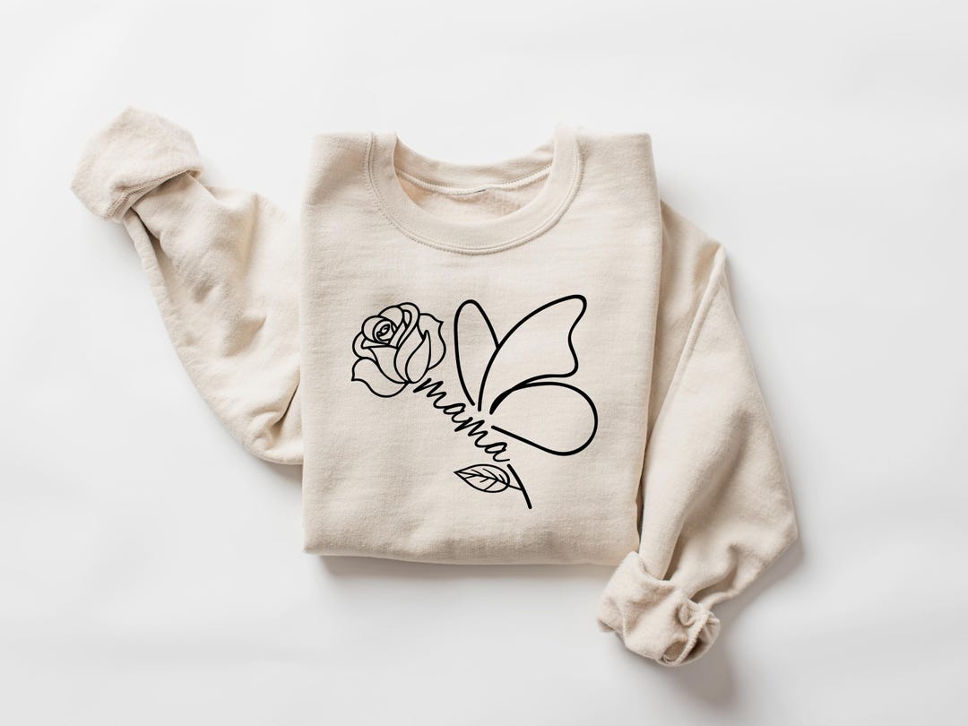 Minimalist Mama Sweatshirt – Line Art Butterfly & Rose Design – Mother ...