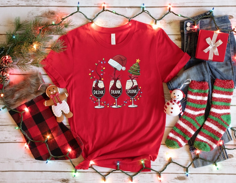 Drink Drank Drunk Christmas Shirt, Funny Holiday Wine Tee, Drinking ...