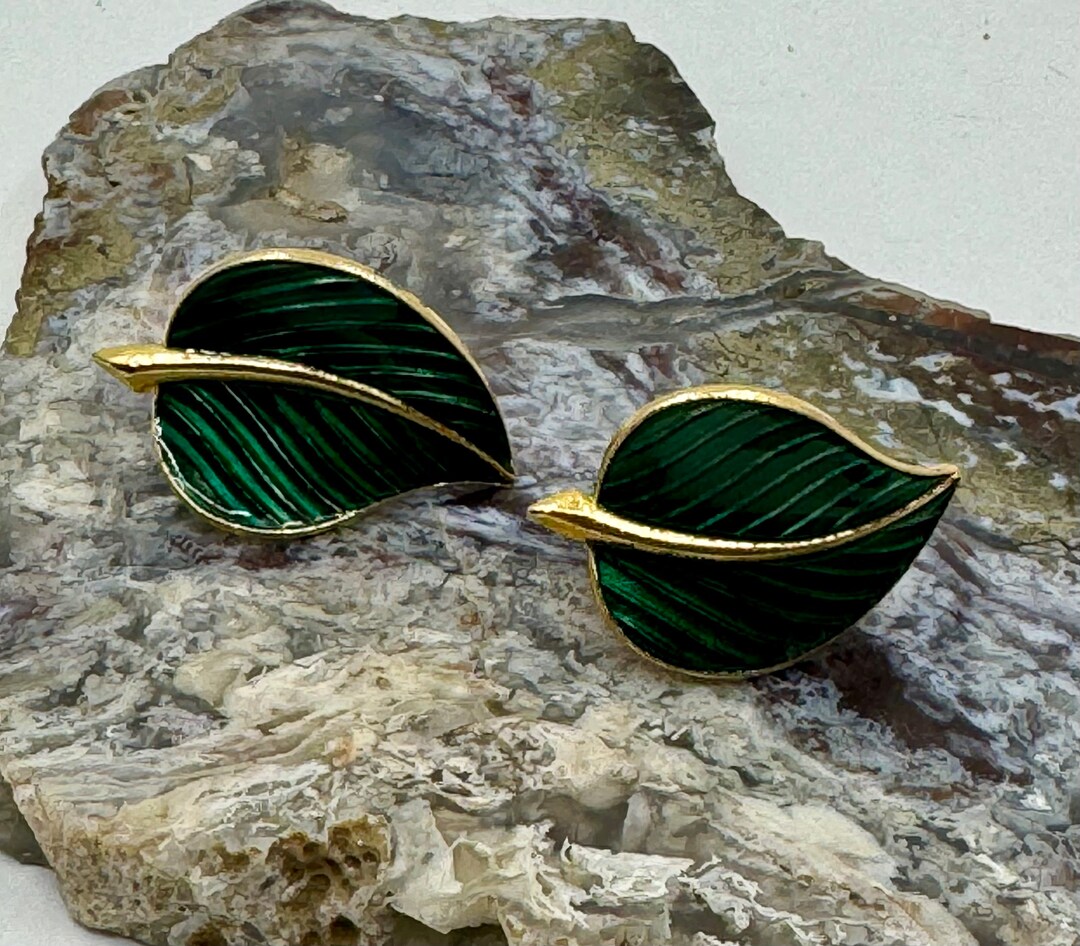 Silver Gilt and Green Enamel Leaf Clip on Earrings-1950's - Etsy