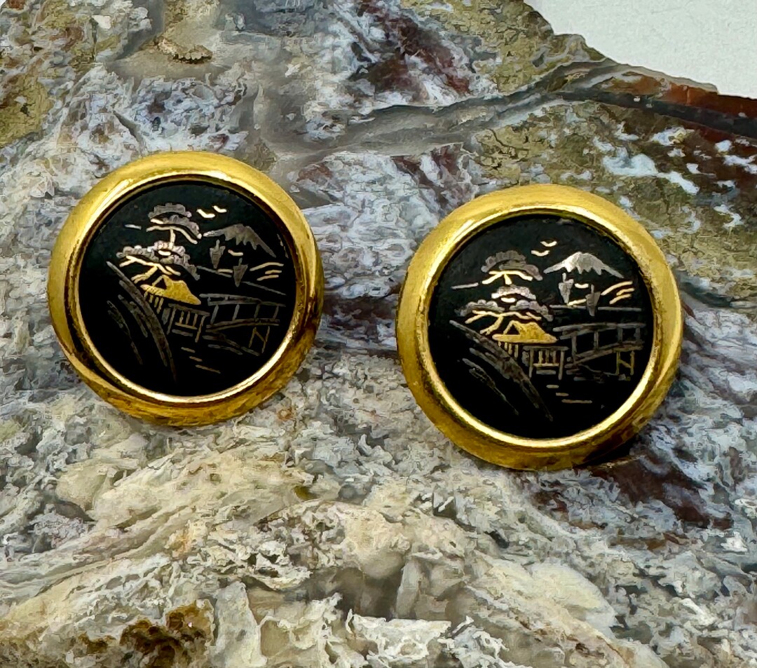 Amita Japan-black and Gold Damascene Earrings - Etsy