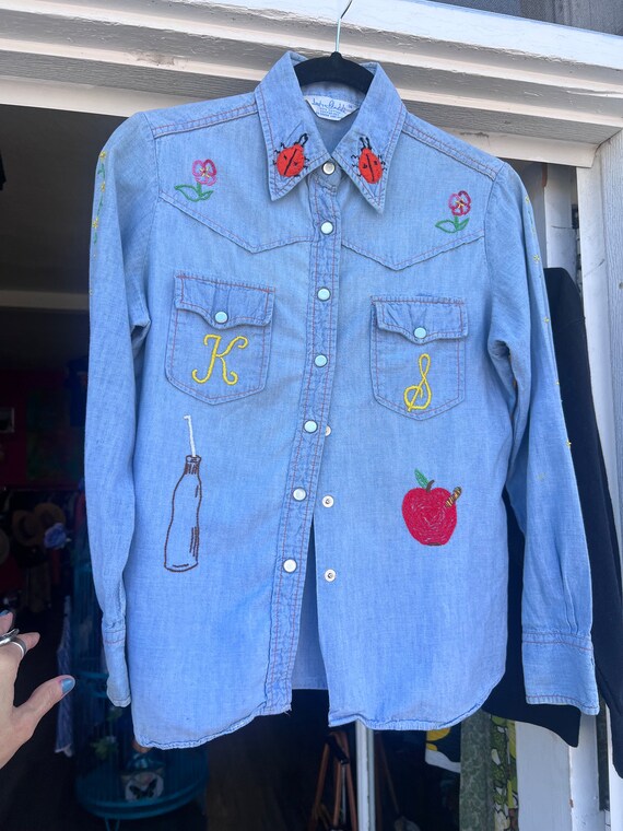 1960s chambray embroidered pearl snap western shirt - Gem