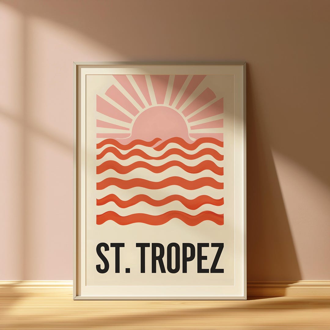 St. Tropez Retro Sun Wall Art Print - Vintage Inspired Coastal Decor - Pink Sunset Poster ...