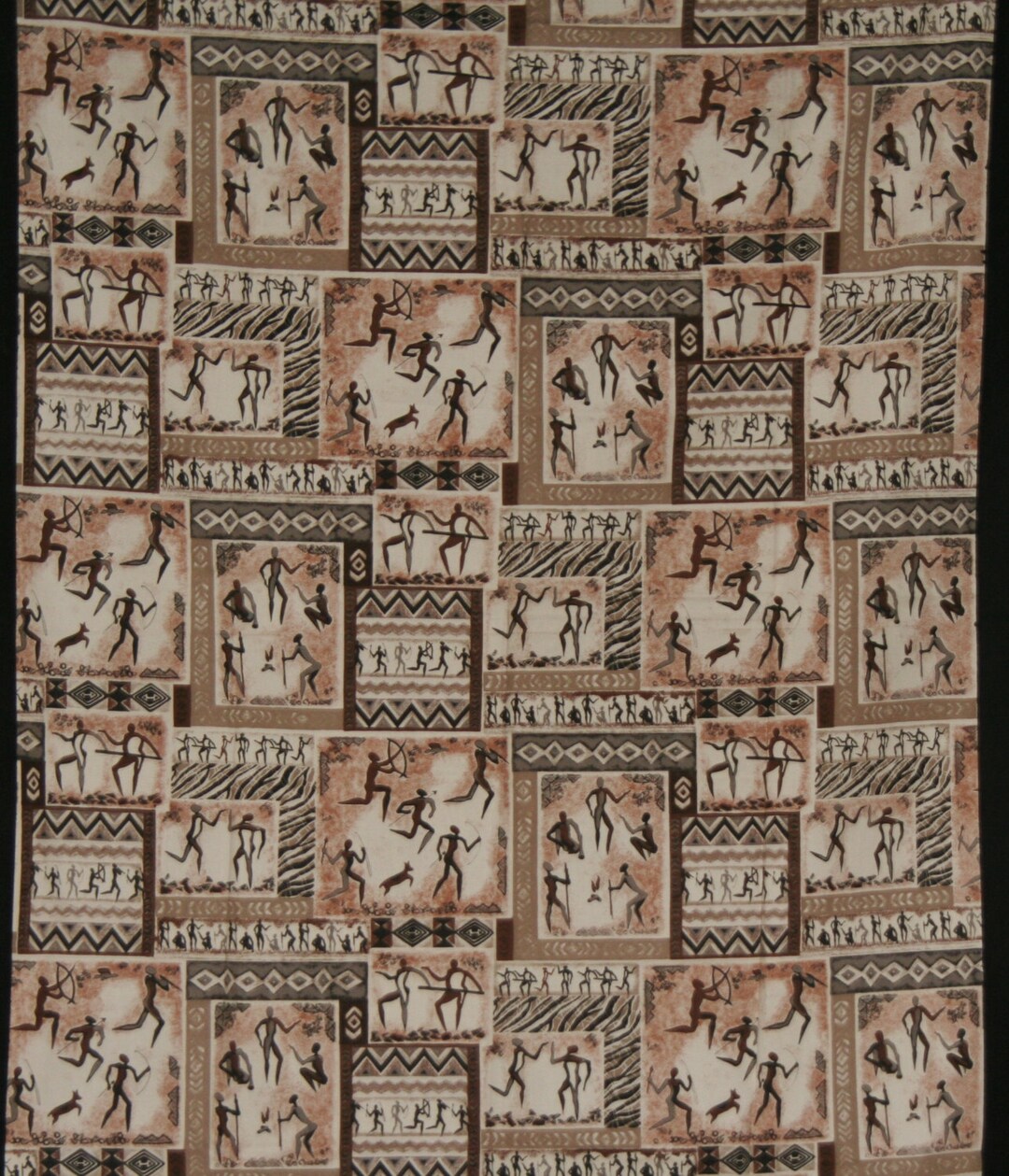African Bushman Hunters Screen Print Zimbabwe Fabric 60" X 84" Vintage ...