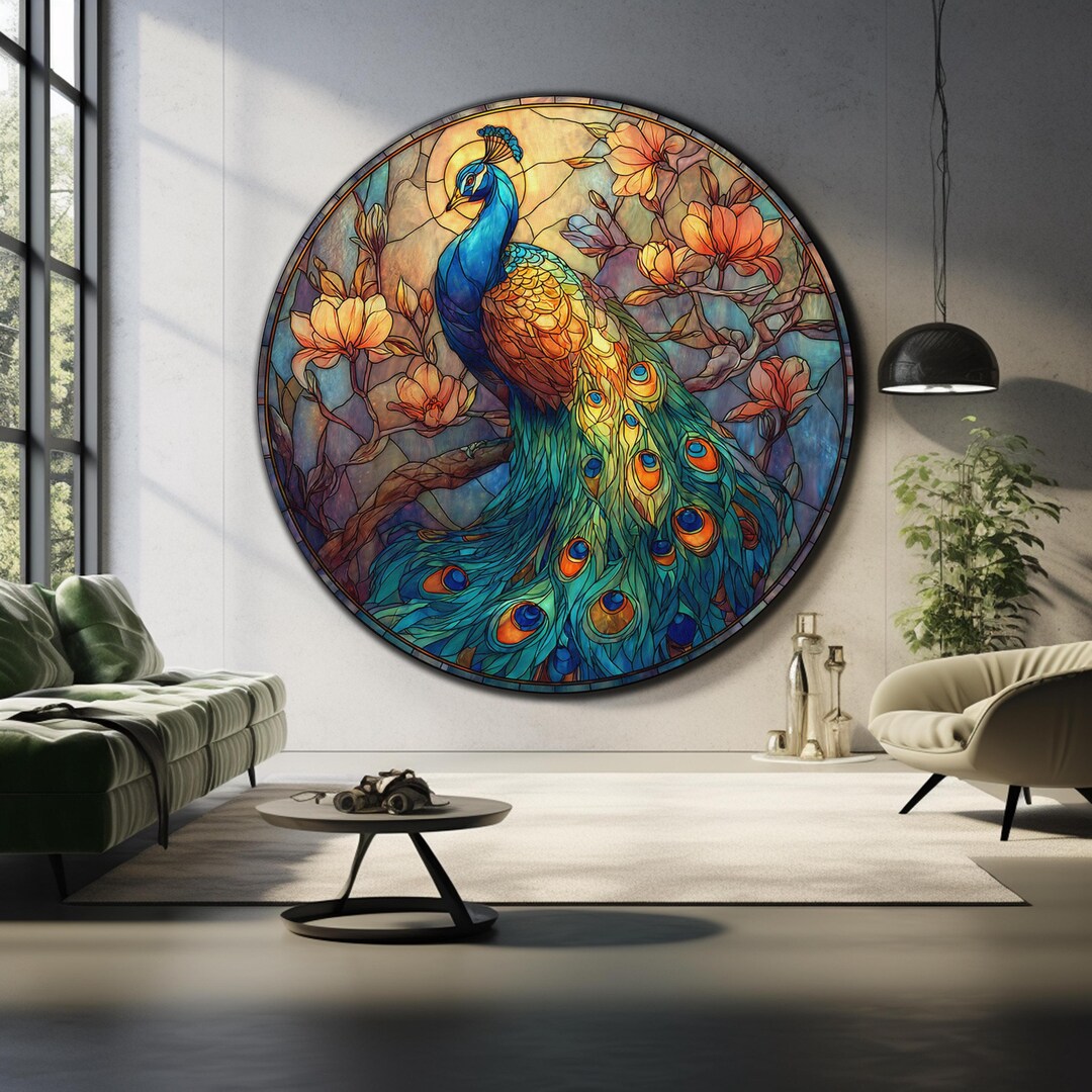 Peacock Wall Art, Round Painting, Tempered Glass Wall Art, Peacock Wall ...