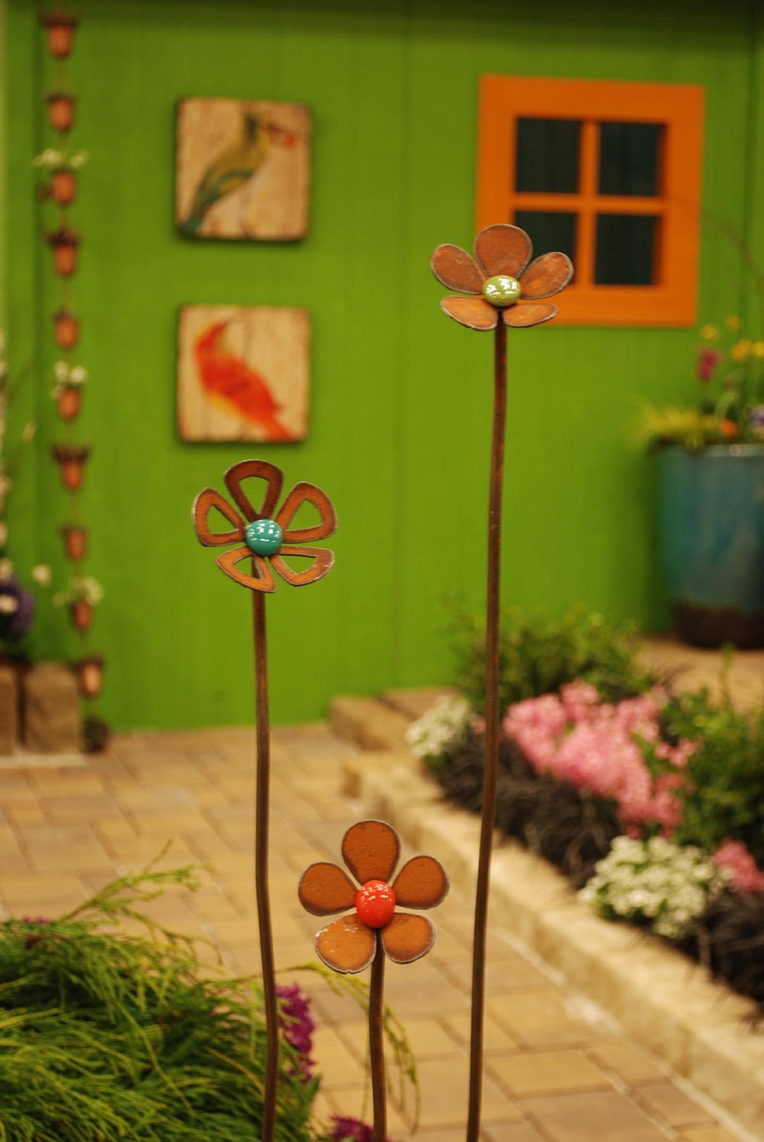 3 - Flower Squiggle Stakes - 3 Heights - Rusted With Glass - Etsy