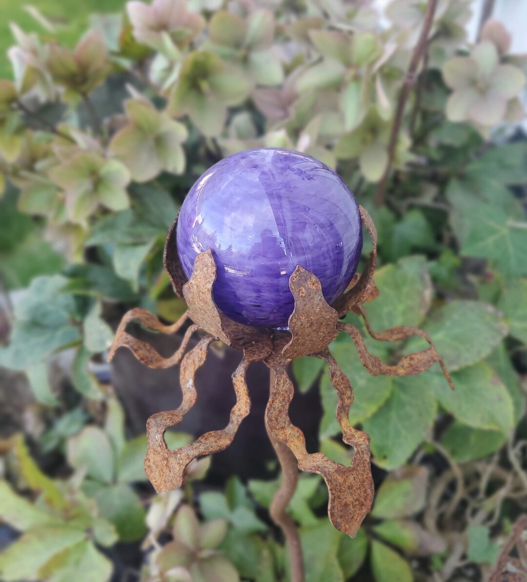 SHIP Now Garden Glass Ball - GARDEN Stake - Metal Steel Enclosure ...