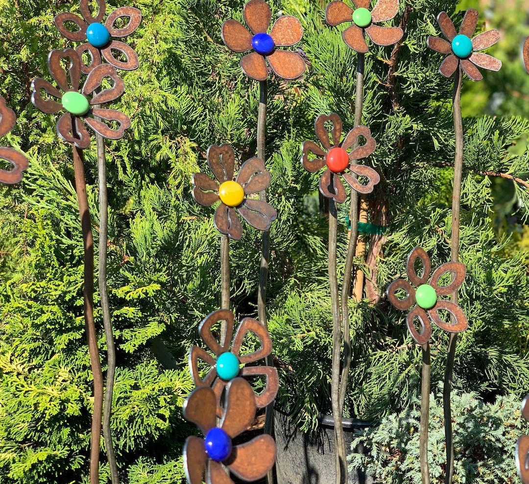 FREE SHIPPING 3 - Flower Squiggle Stakes - 3 Heights - Rusted - Glass ...