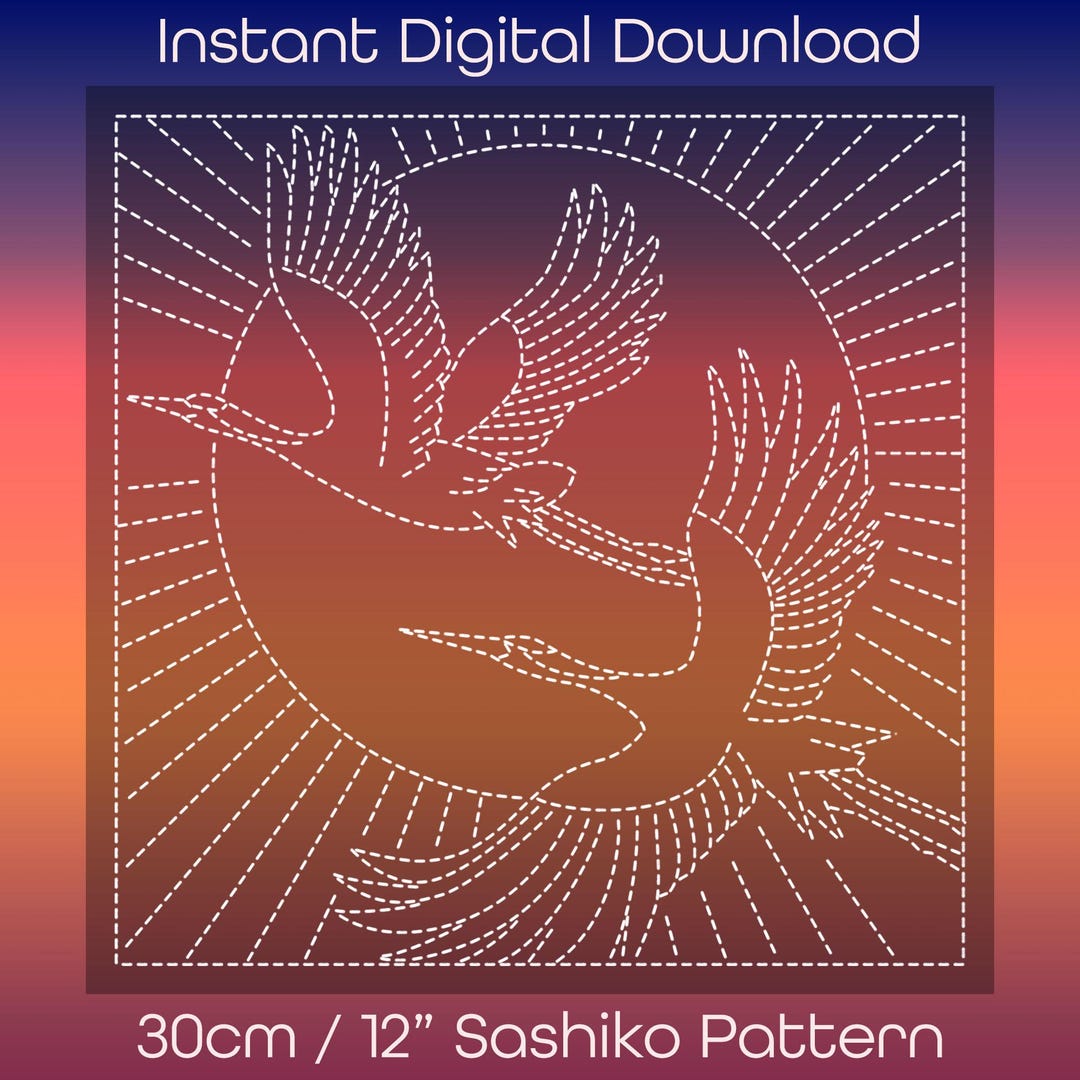 Two Cranes in Flight - 12" Printable Japanese Sashiko Pattern (PDF ...