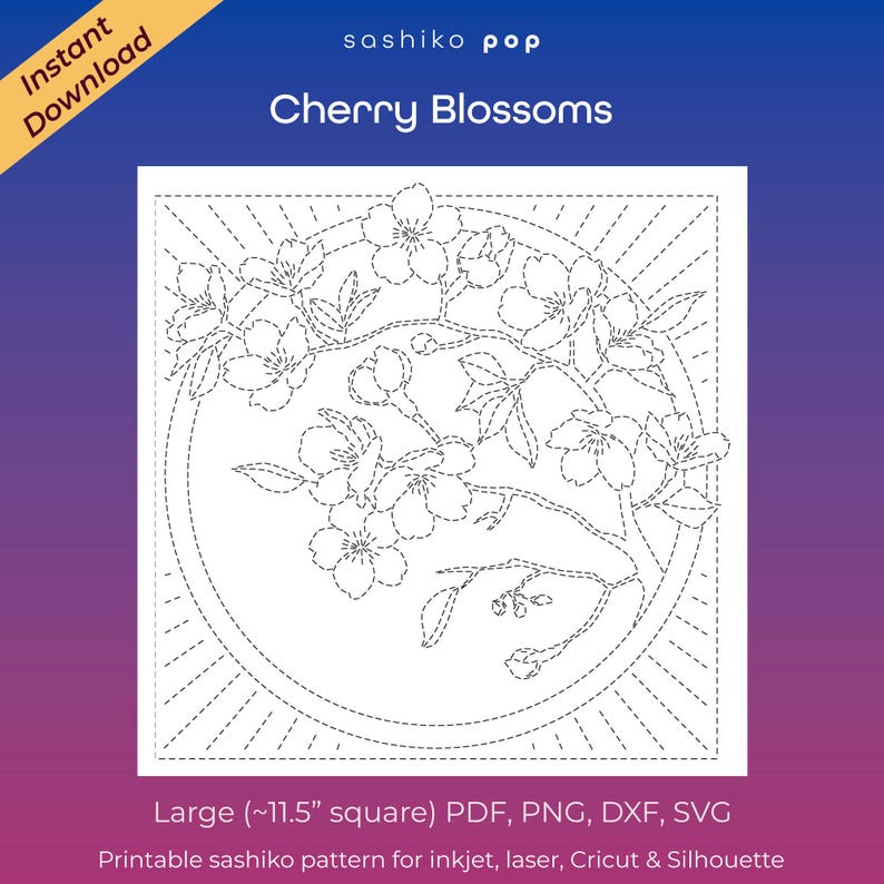 Cherry Blossoms - 12" Large Printable Sashiko Downloadable Design Png ...