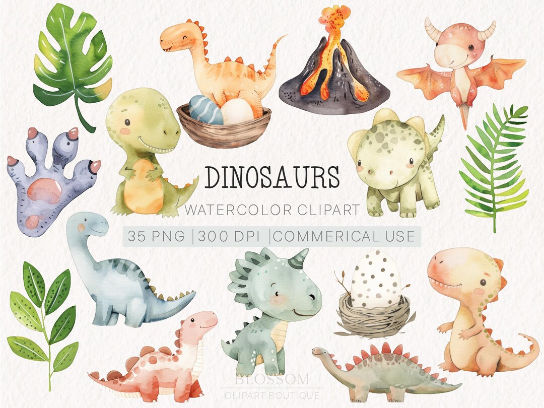 Watercolor Clipart Dinosaur Set | Baby Dino Graphics | Commercial Use ...
