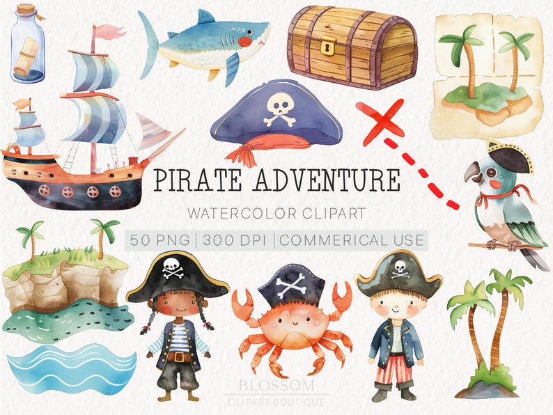 Watercolor Pirate Clipart Bundle | Pirate and Ships Printable | Digital ...