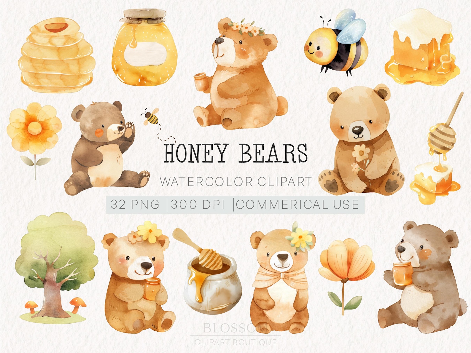 Watercolor Honey Bear Clipart Bundle | Woodland Creatures and Honeycomb ...
