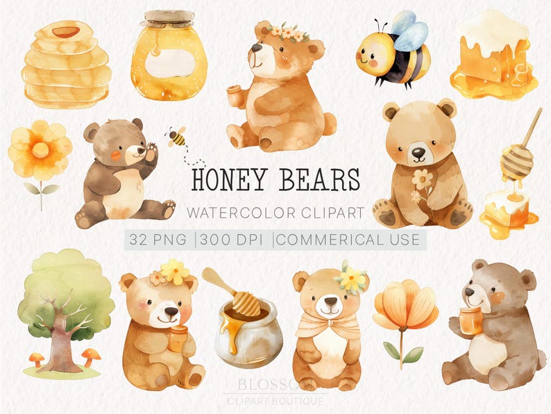 Watercolor Honey Bear Clipart Bundle | Woodland Creatures and Honeycomb ...