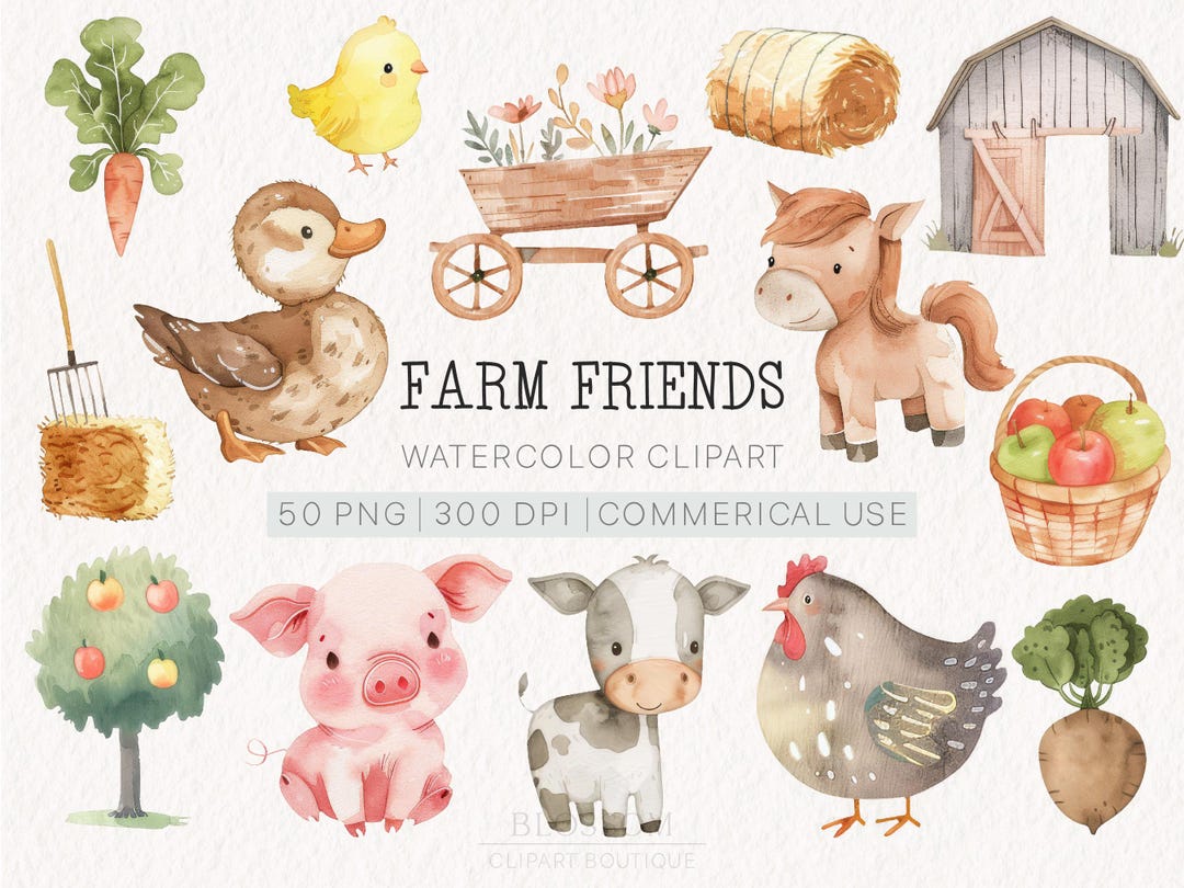 Watercolor Farm Animals Clipart Bundle | Cute Watercolor Farm Animals ...